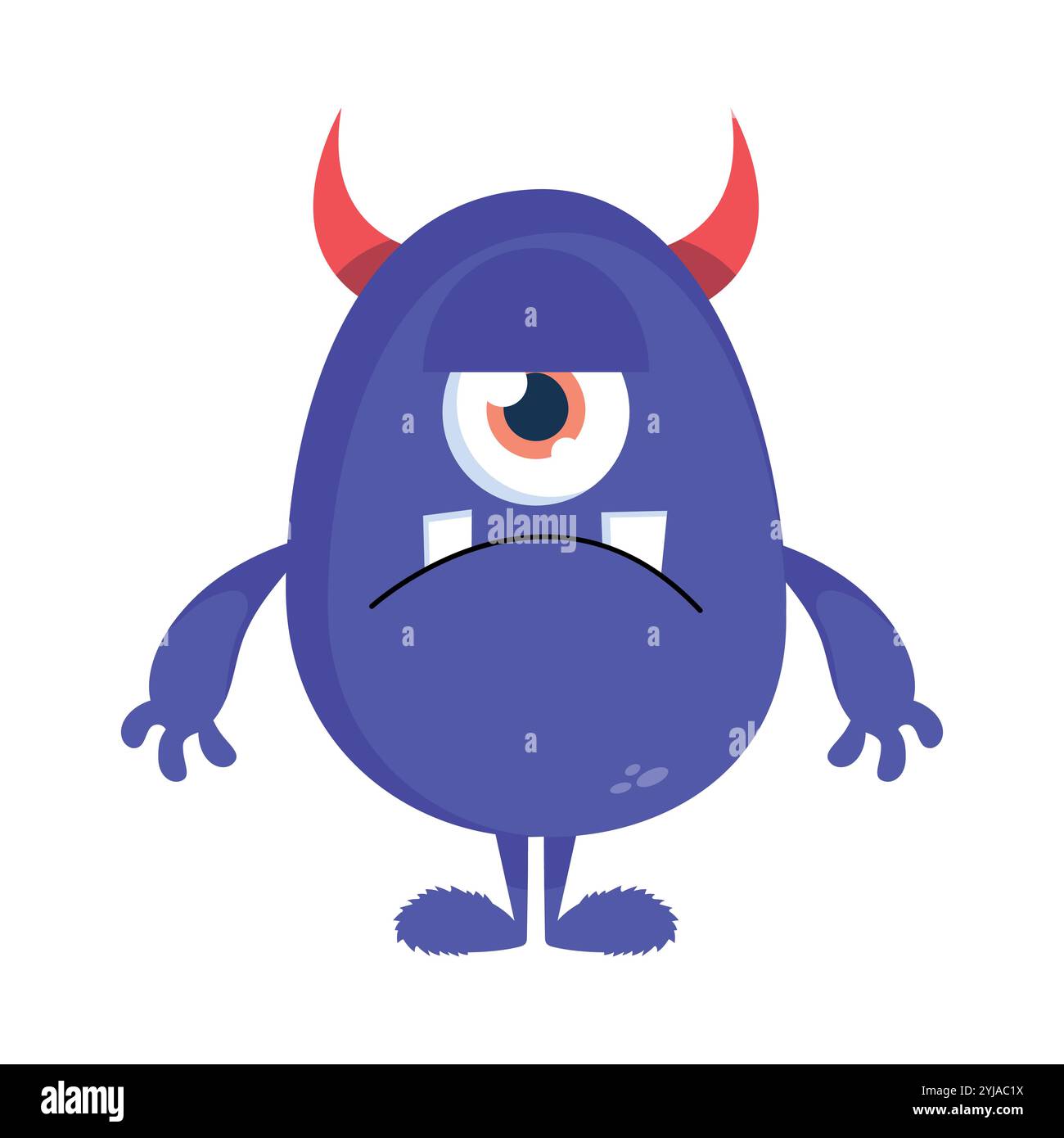 Cute cartoon monster with one eye and horns. Funny grumpy cyclops ...