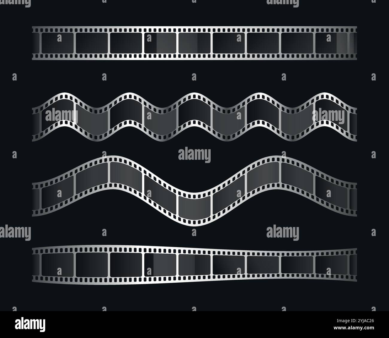 Set of shiny film strips. Curved and wavy film frames on black ...