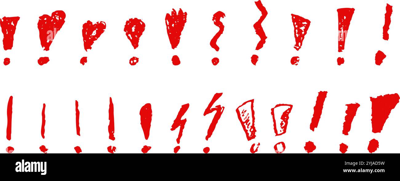 Exclamation marks symbols set. Red crayon hand written signs. Doodle ...