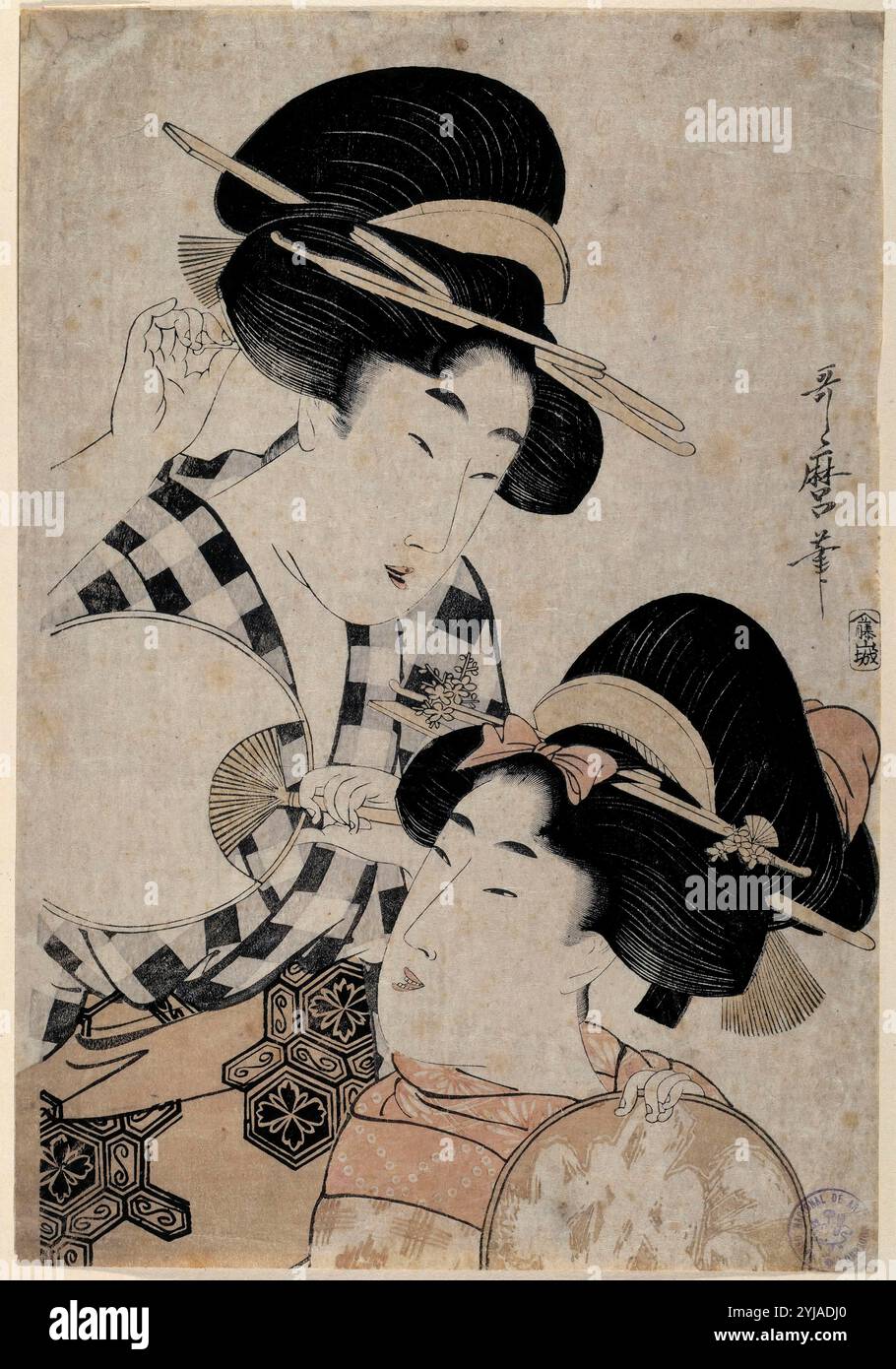 Kitagawa Utamaro; Yamashiroya Tôemon / 'Dos jóvenes mujeres con abanico ...