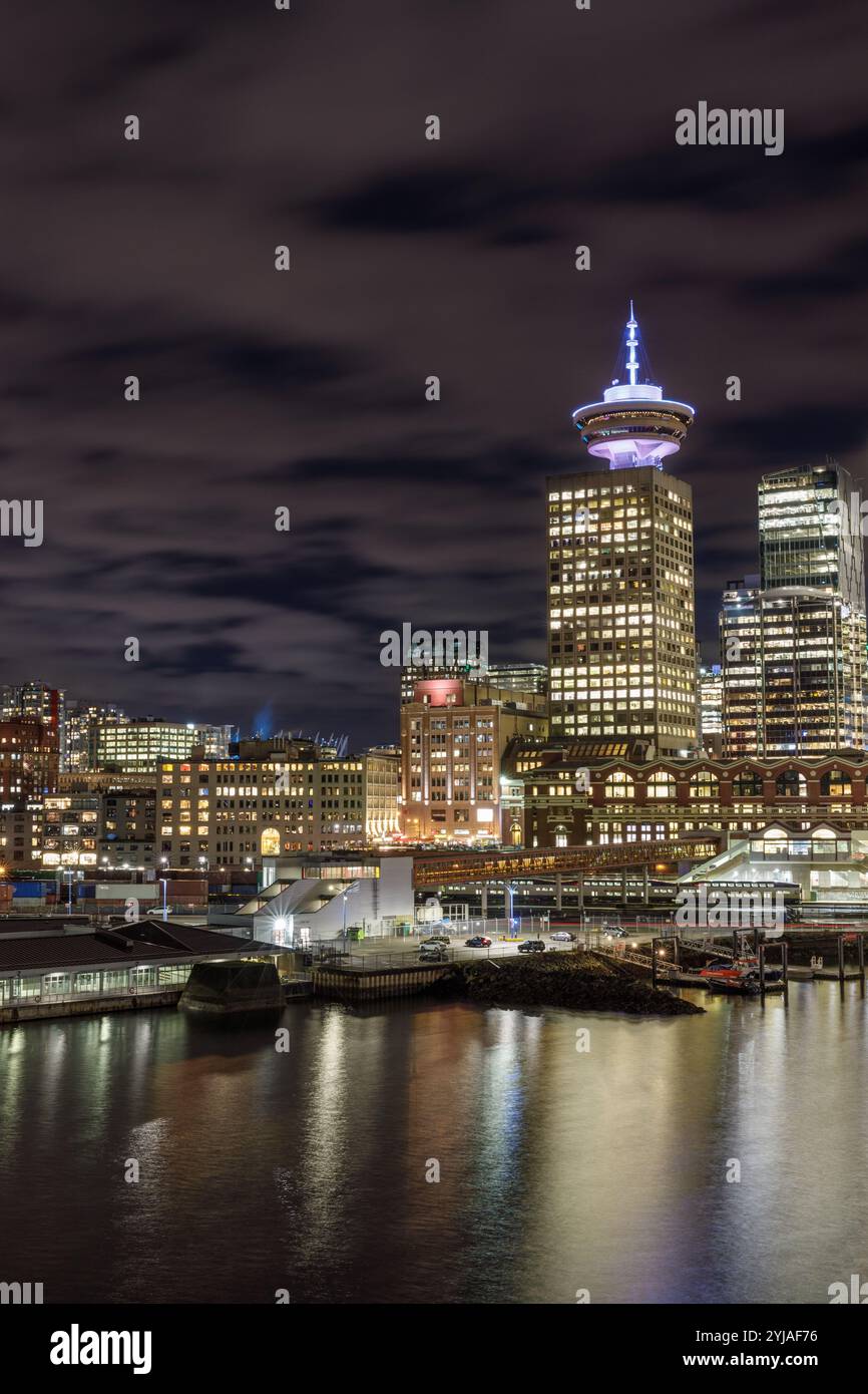 Night view of Vancouver Lookout Tower with illuminated observation deck ...