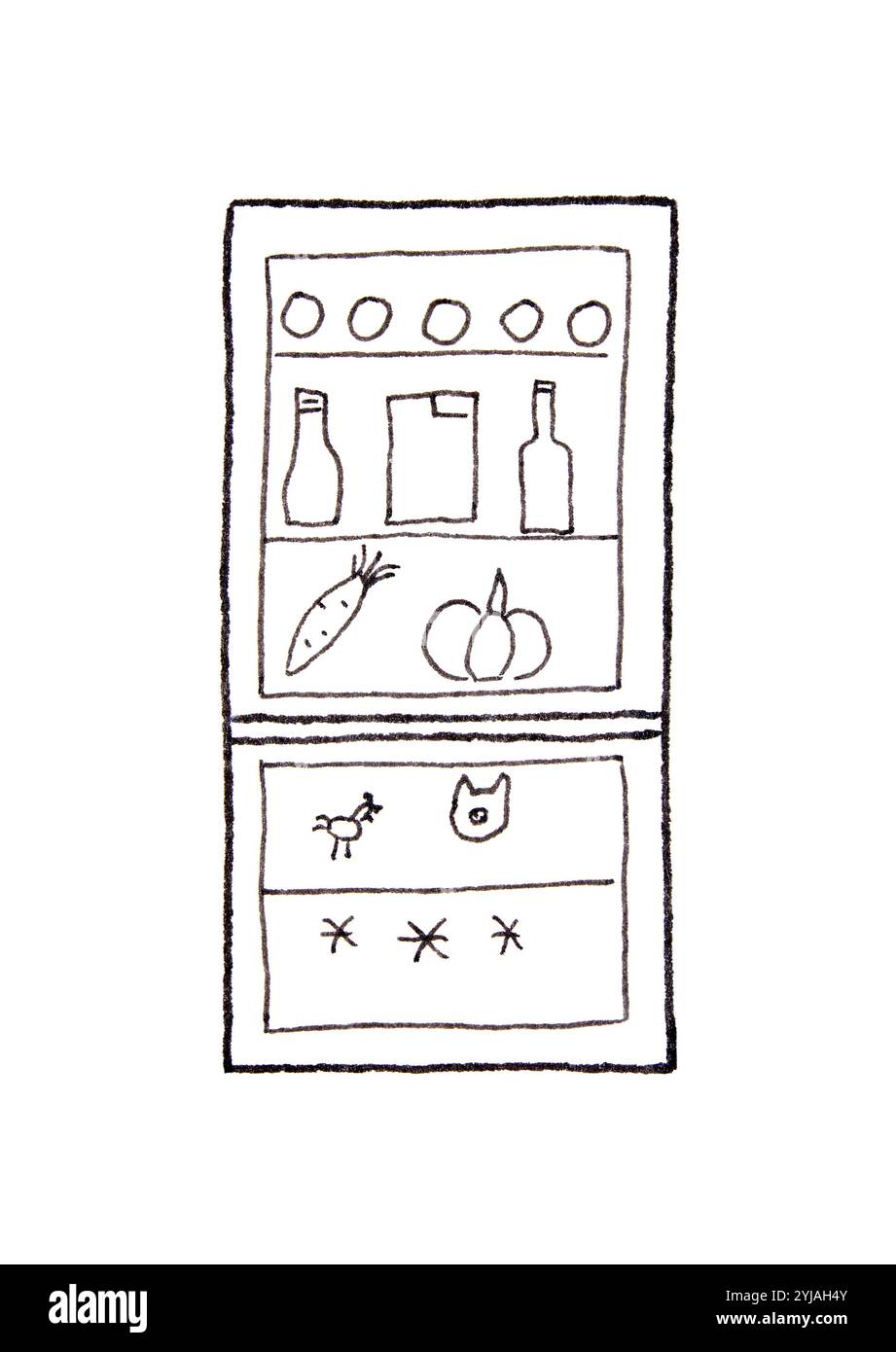 Minimalist sketch of refrigerator with groceries and beverages in ...