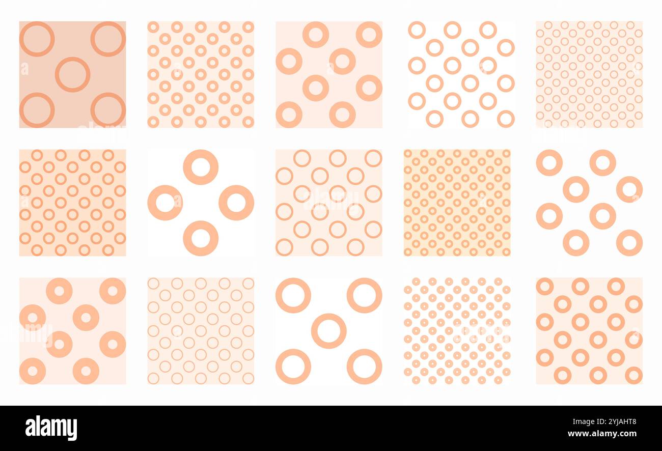 Minimalist vector patterns in Peach Fuzz, featuring soft rings and circles in balanced grids ...