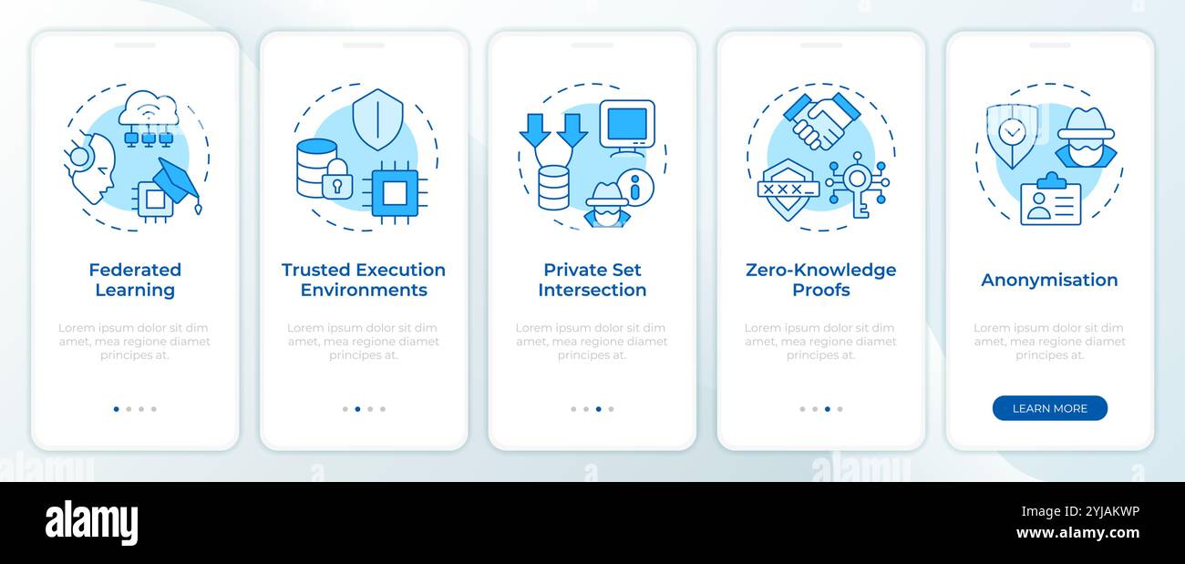 Privacy-enhancing technologies types blue onboarding mobile app screen ...