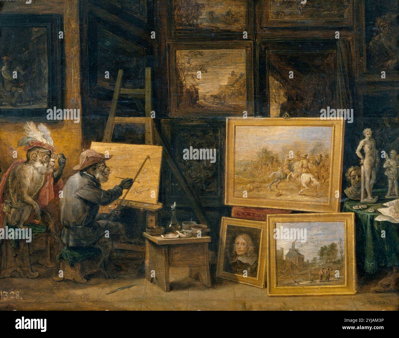 David Teniers / 'The Monkey Painter', ca. 1660, Flemish School, Oil on panel, 24 cm x 32 cm ...