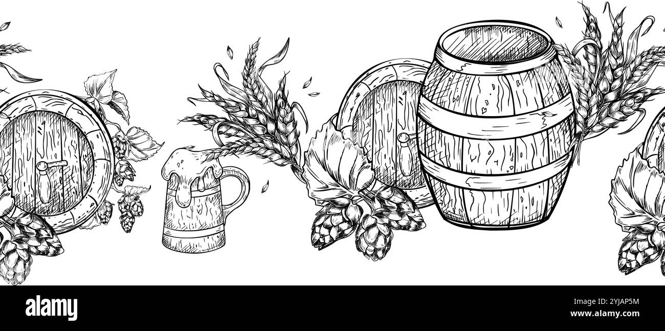 Seamless vector border with hand drawn hop cones, wooden beer barrel in ...
