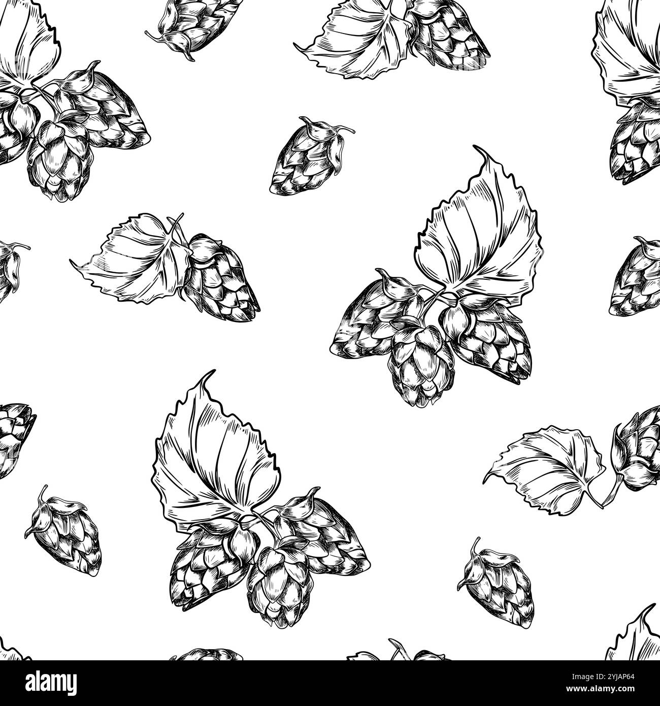 Hop cones bunch black white graphic vector seamless pattern isolated ...