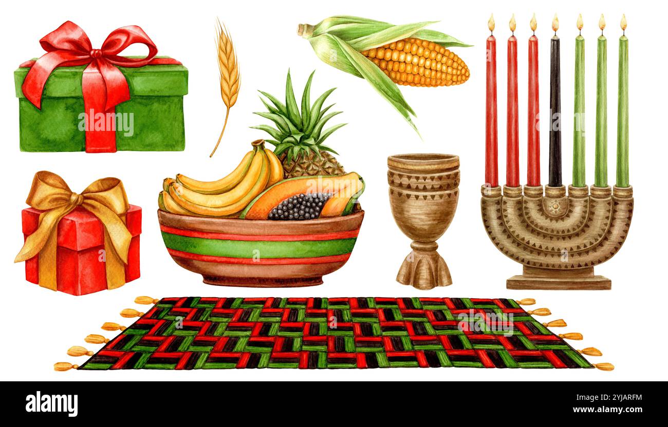 Set of Kinara candleholder, Mkeka mat, wrapped gift, unity cup, corn ...