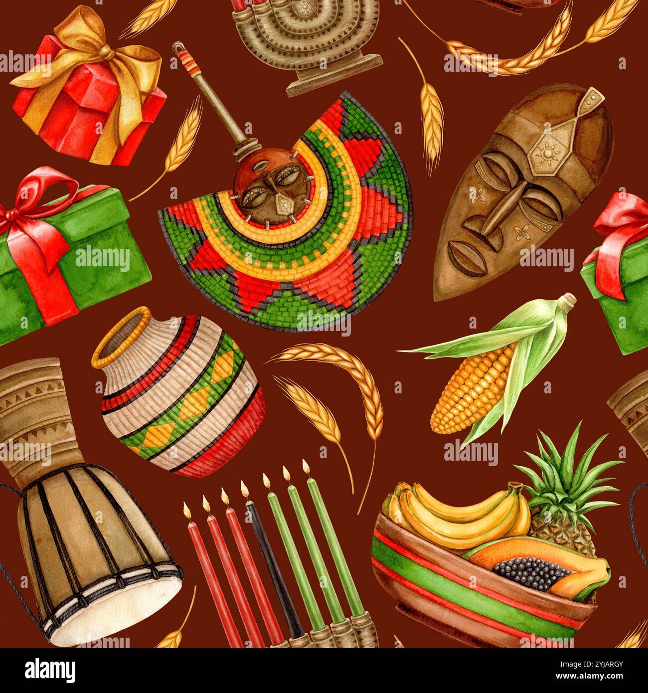 Kwanzaa seamless pattern of scattered African drum, fan and Kinara with ...