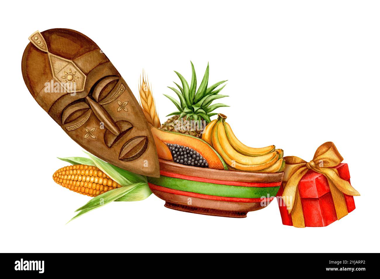 Kwanzaa curved arrangement of African mask with fruit plate and gift ...