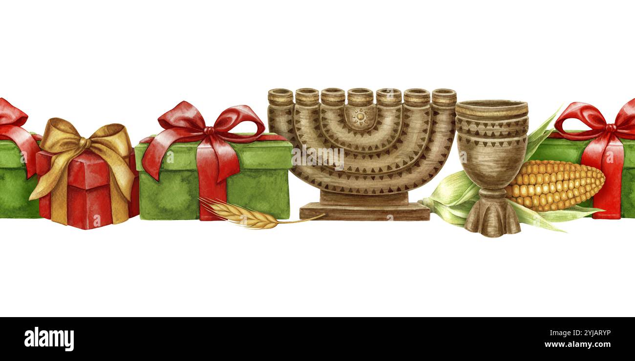 Kwanzaa seamless border of Kinara with unity cup and wrapped gifts ...