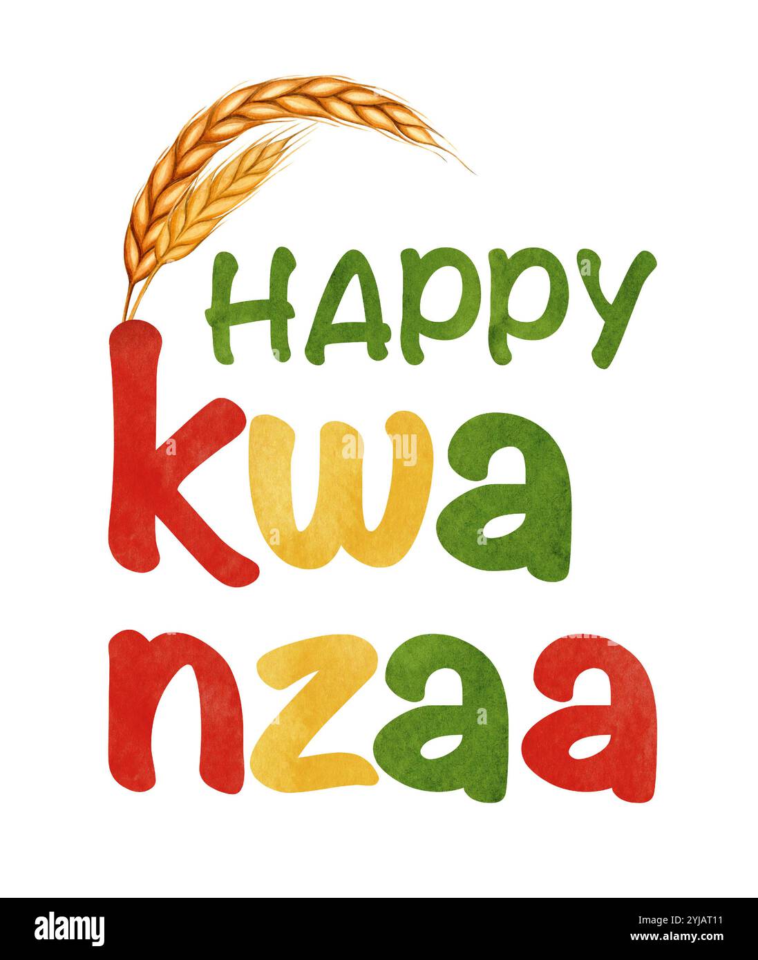 Happy Kwanzaa colorful sign of watercolor letters with wheat ear. Hand ...