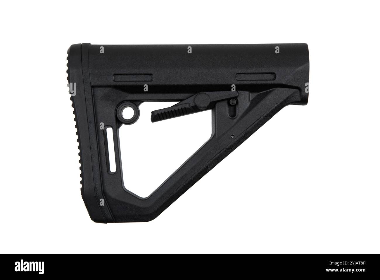 Black adjustable rifle stock, commonly used in firearms for stability ...