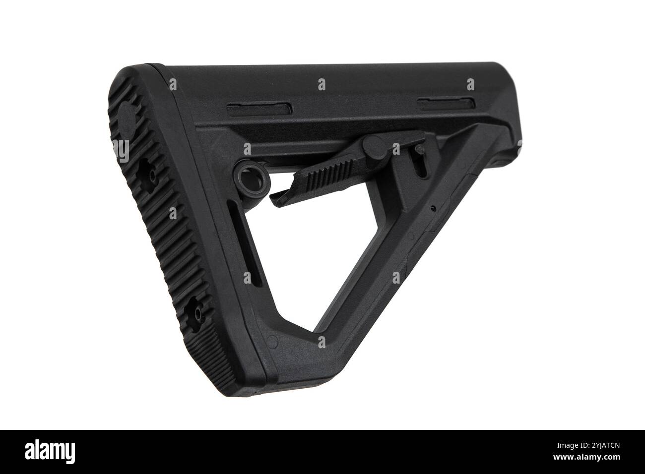 Black adjustable rifle stock, commonly used in firearms for stability ...