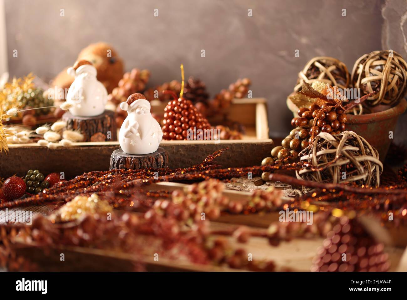 Autumn-themed Christmas decorations blending warm tones, fall foliage ...