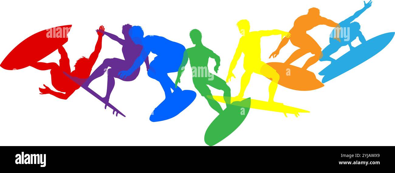 Surfers Surfing on Surf Boards Silhouettes Concept Stock Vector Image ...