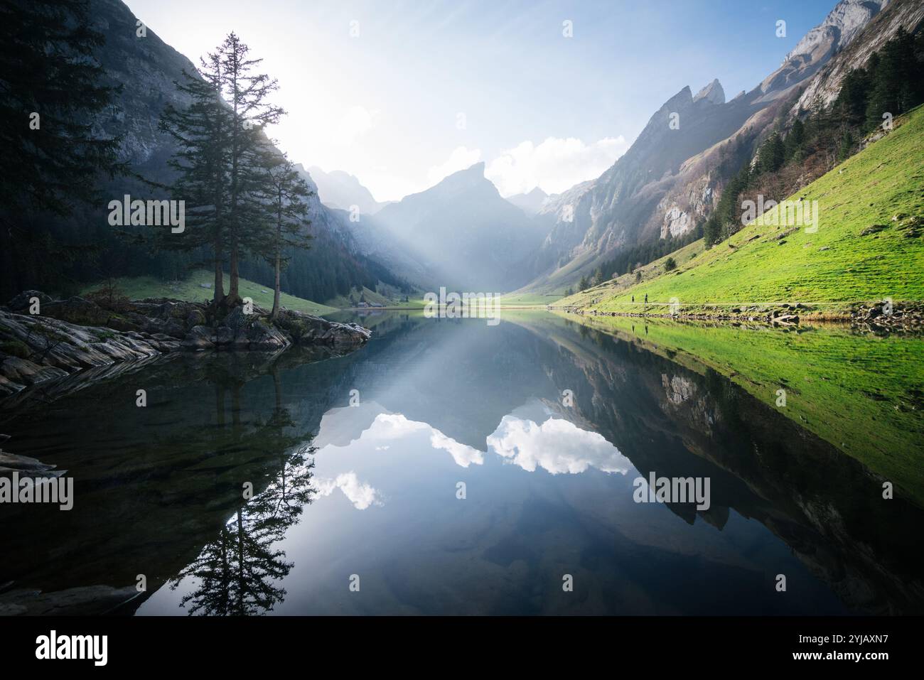 Switzerland alpine mountain scenery at Seealpsee lake, Appenzellerland ...