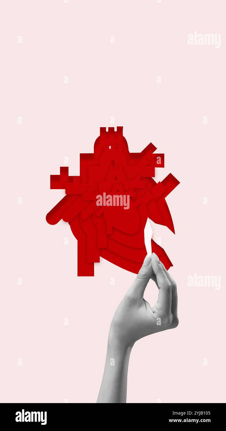 Poster. Contemporary art collage. Minimalist hand holding abstract red ...