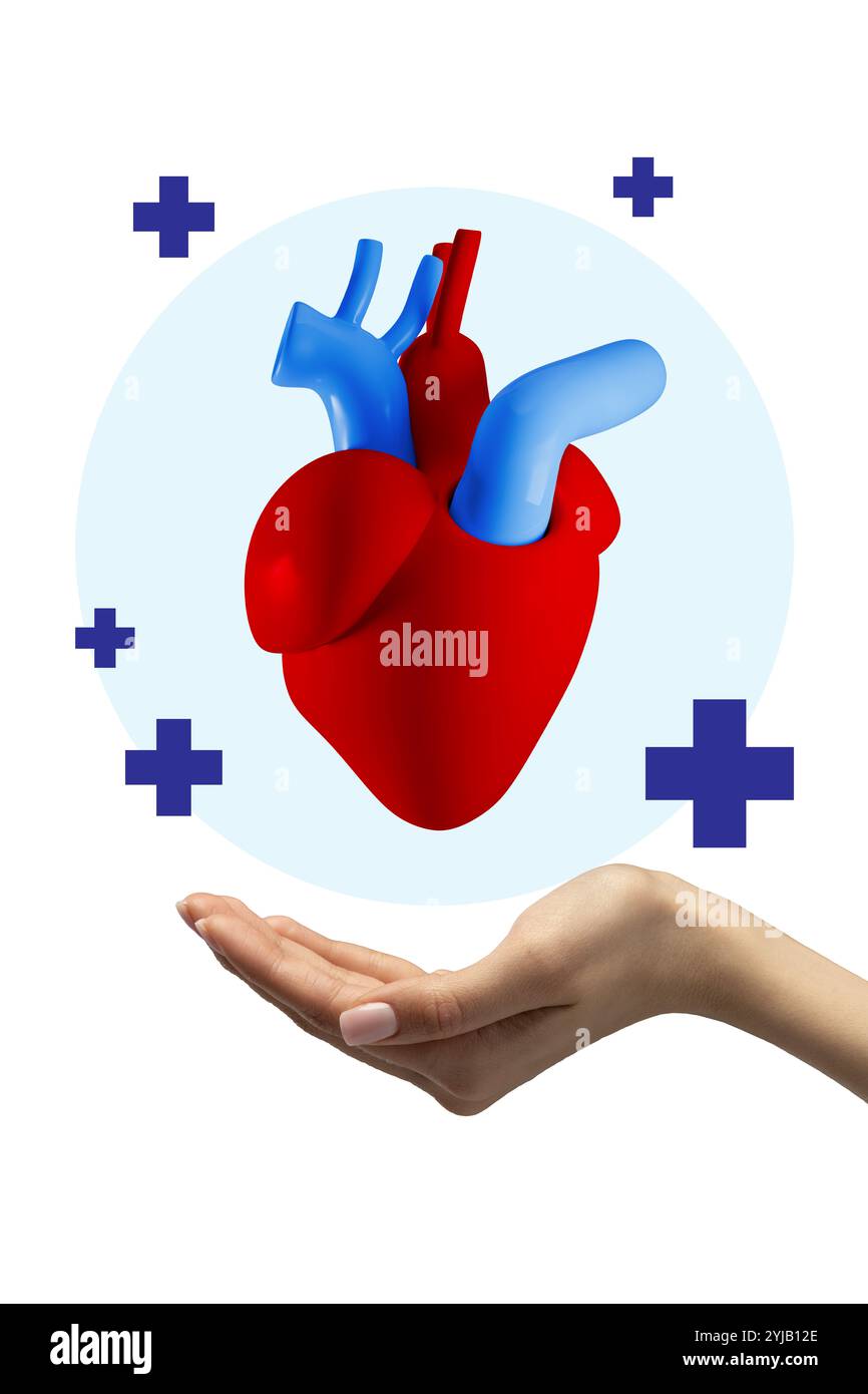 Poster. Contemporary art collage. 3D red heart with blue arteries ...