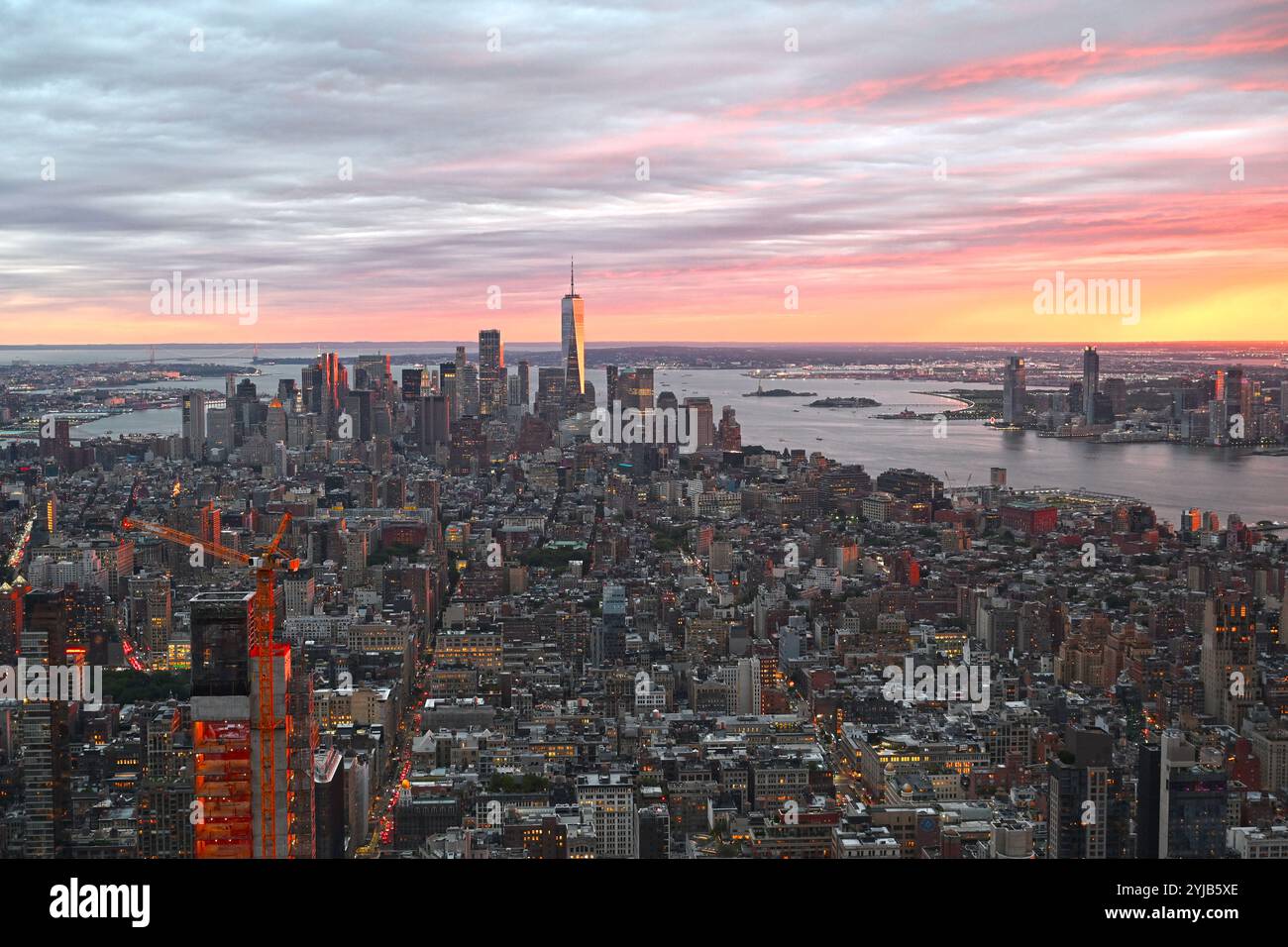 New York City Skyline at Sunset with One World Trade Center Stock Photo ...