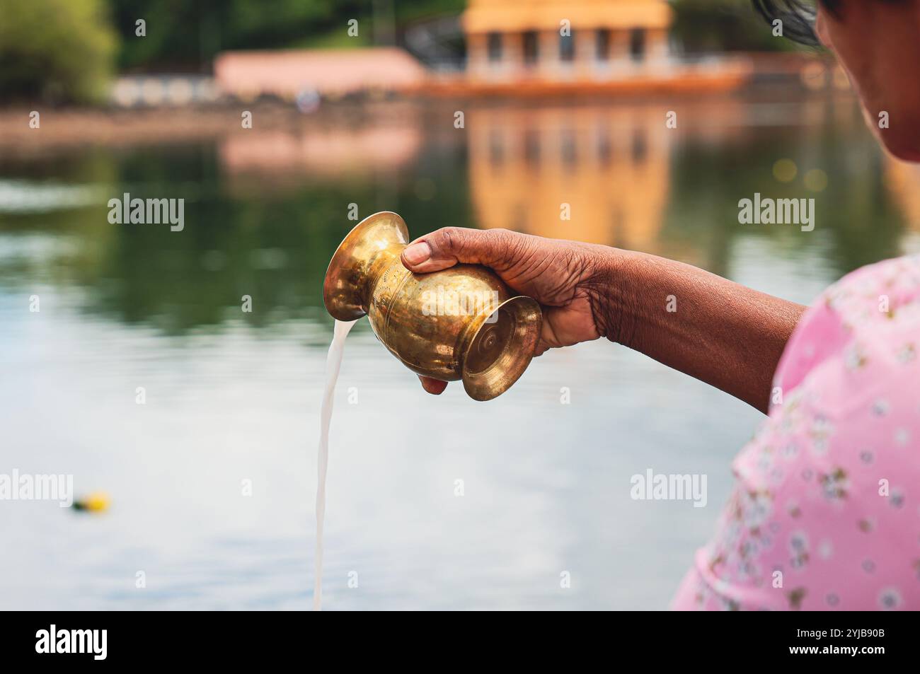 A Hindu woman in Mauritius performing a religious ritual as she pours ...