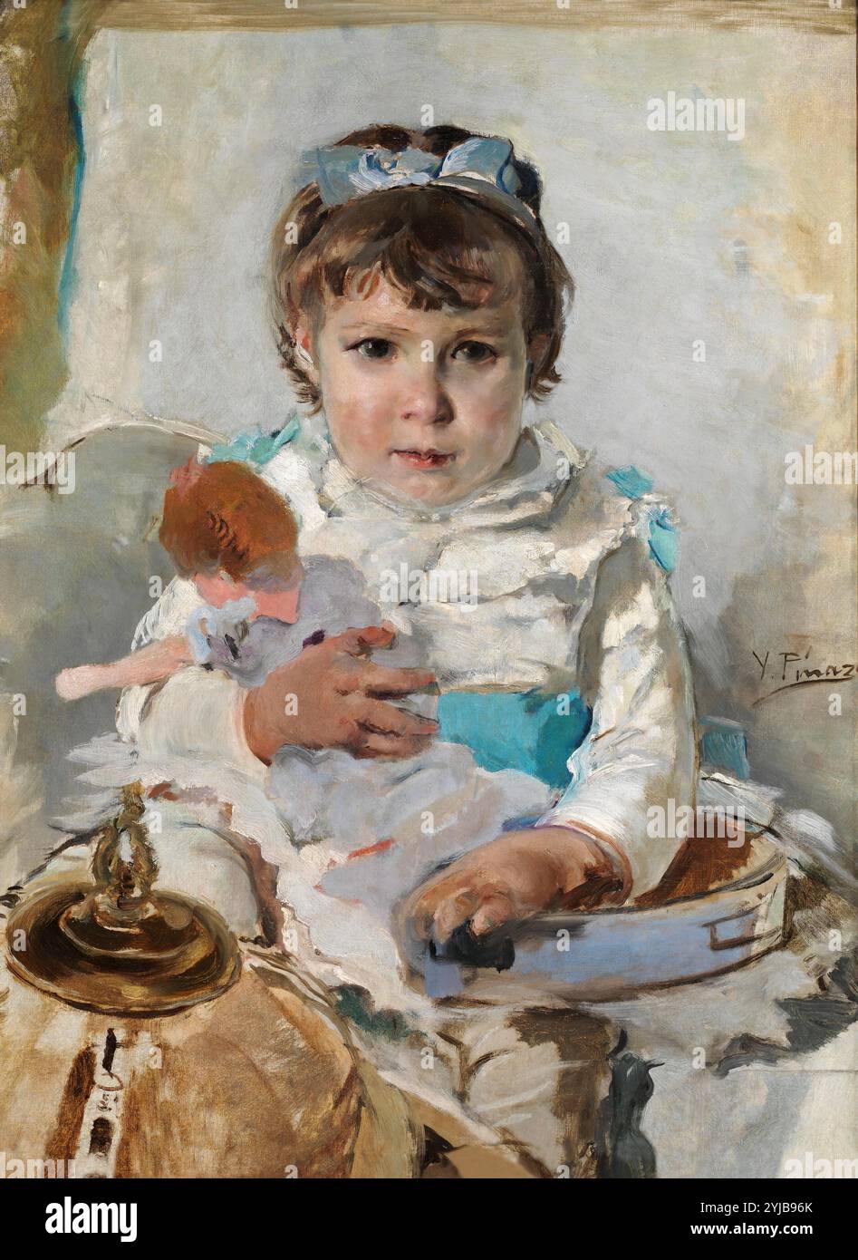 Ignacio Pinazo Camarlench / 'Girl with a Doll', Spanish School, Oil on ...