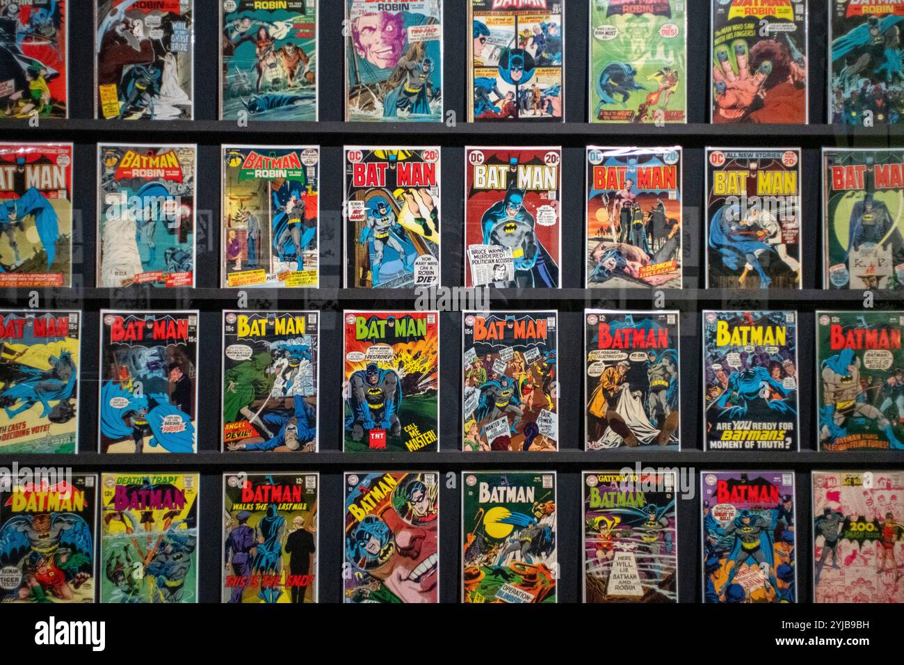 Batman comic book covers in exhibition “Superheroes” at the NRW Forum ...