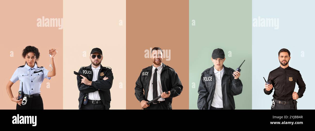 Collage of young police officers on color background Stock Photo - Alamy