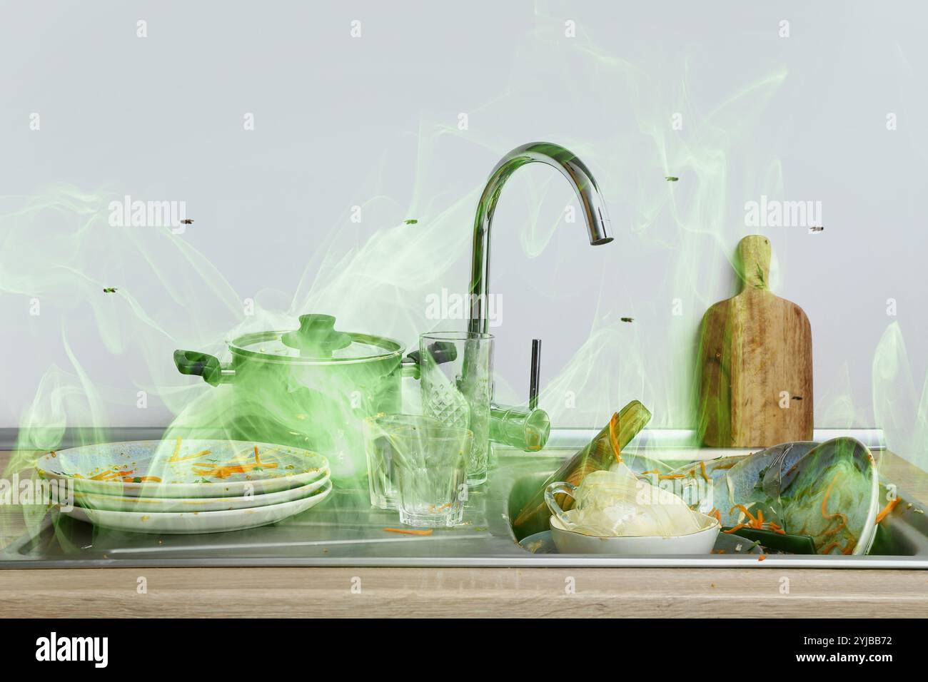 Sink with dirty smelly dishes in kitchen Stock Photo - Alamy