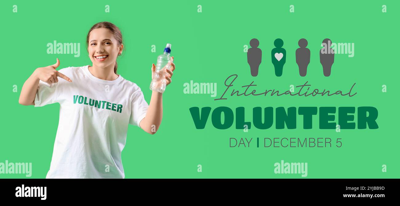 Female volunteer with plastic bottle on green background. Banner for ...