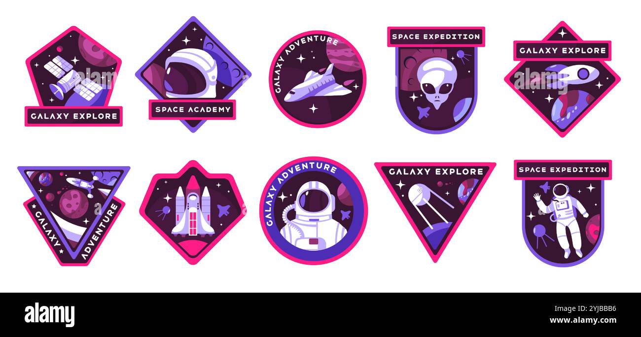 Space badge. Astronaut helmet with rocket and ufo, cartoon symbols of ...