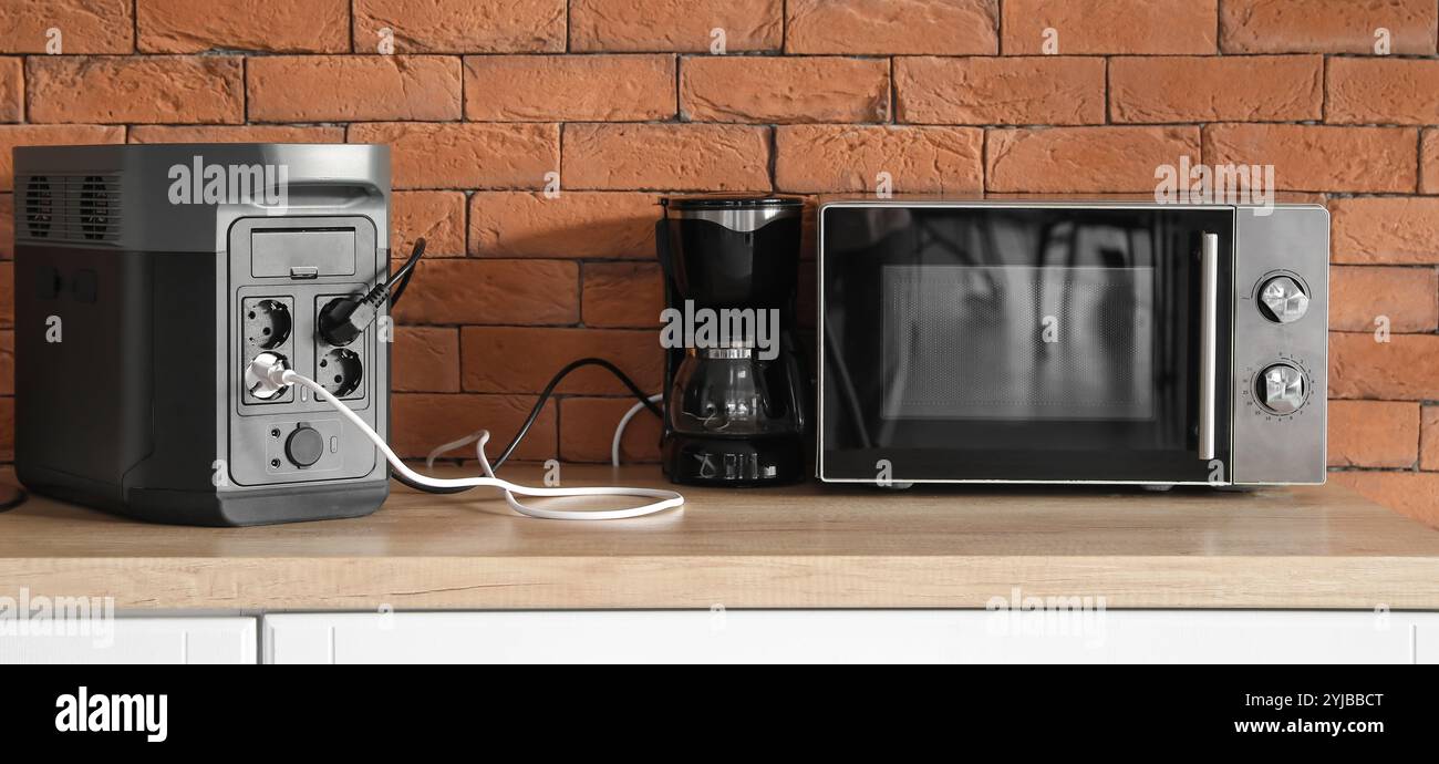 Coffee machine and microwave oven plugged into portable power station ...