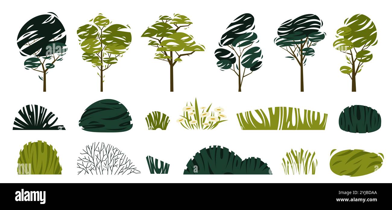 Cartoon trendy forest plants. Botanical summer plants and trees ...
