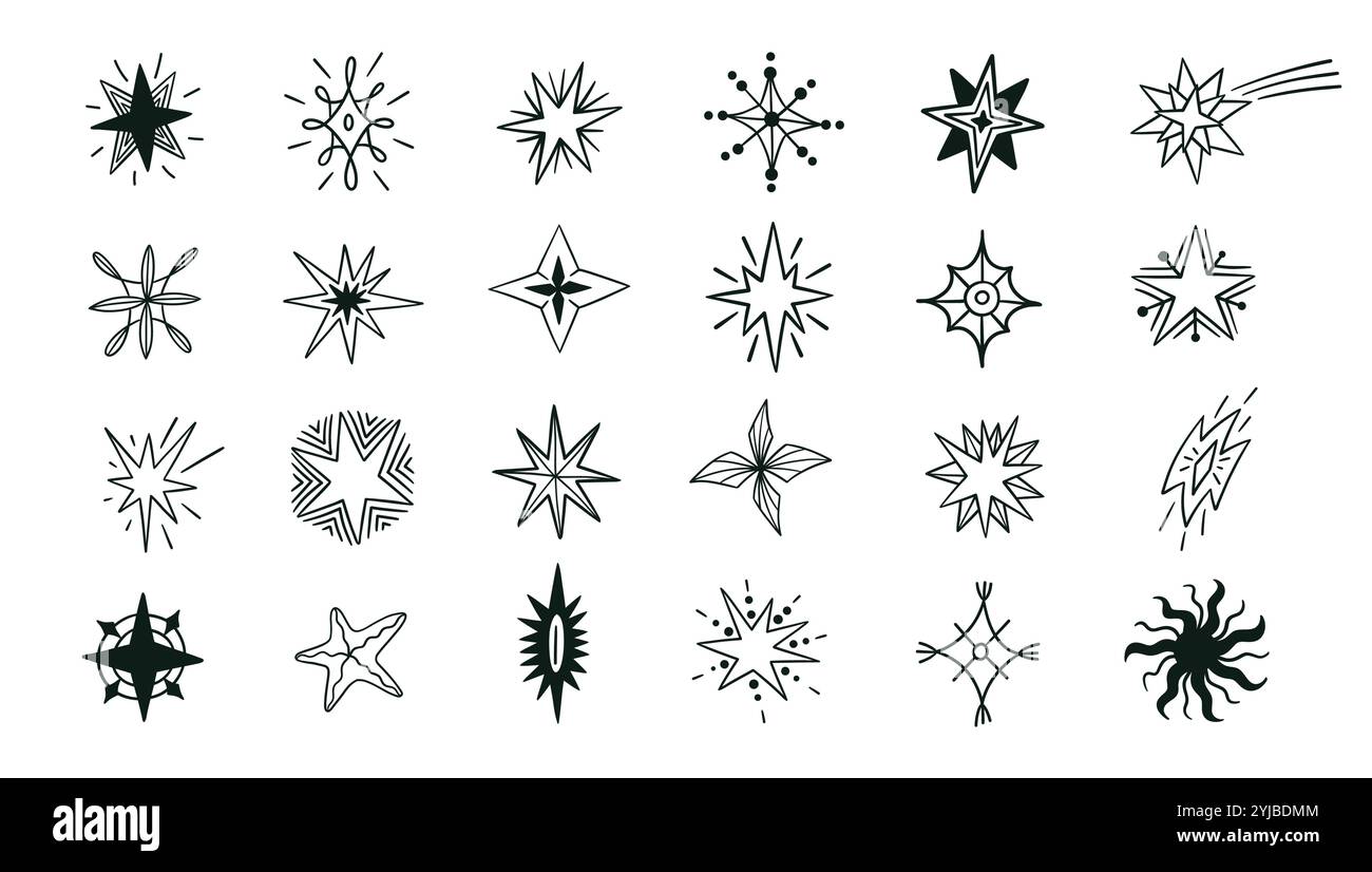 Hand drawn stars. Abstract black silhouettes of night sky different ...