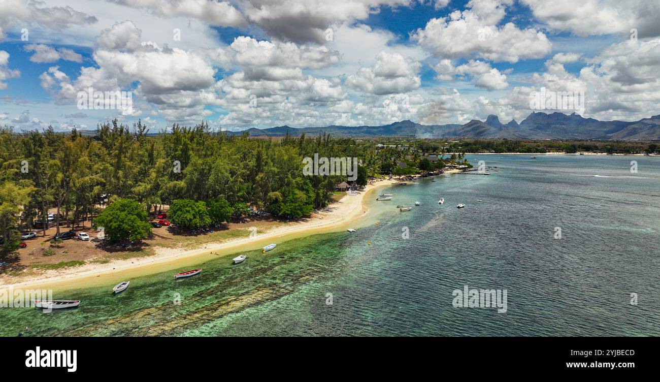 An aerial photograph showcasing a beach landscape in Mauritius, with ...