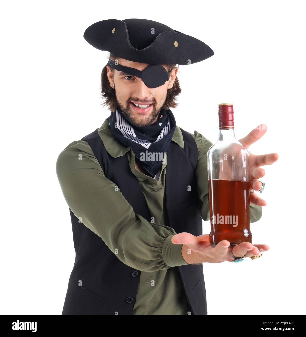 Young pirate with rum on white background Stock Photo - Alamy