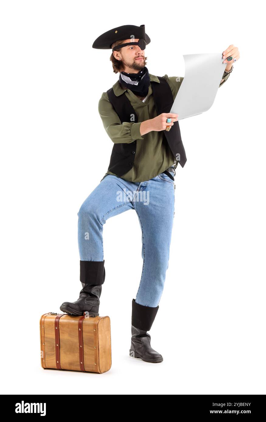 Young pirate with treasure map and chest on white background Stock ...