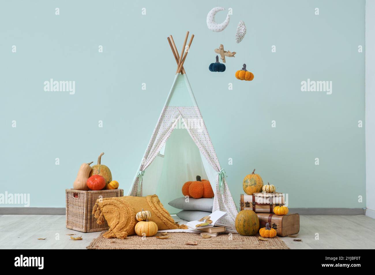 Interior of children's room with play tent and pumpkins Stock Photo - Alamy