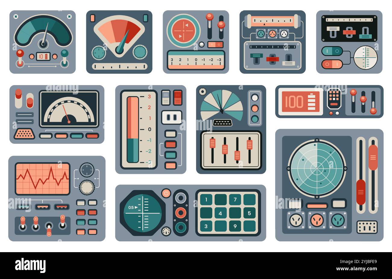Spaceship retro controls. Vintage analog dashboard with dials indicators and gauges, old ...