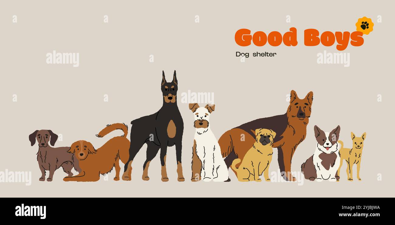 Cute dogs characters. Cartoon domestic puppies banner for dog shelter ...