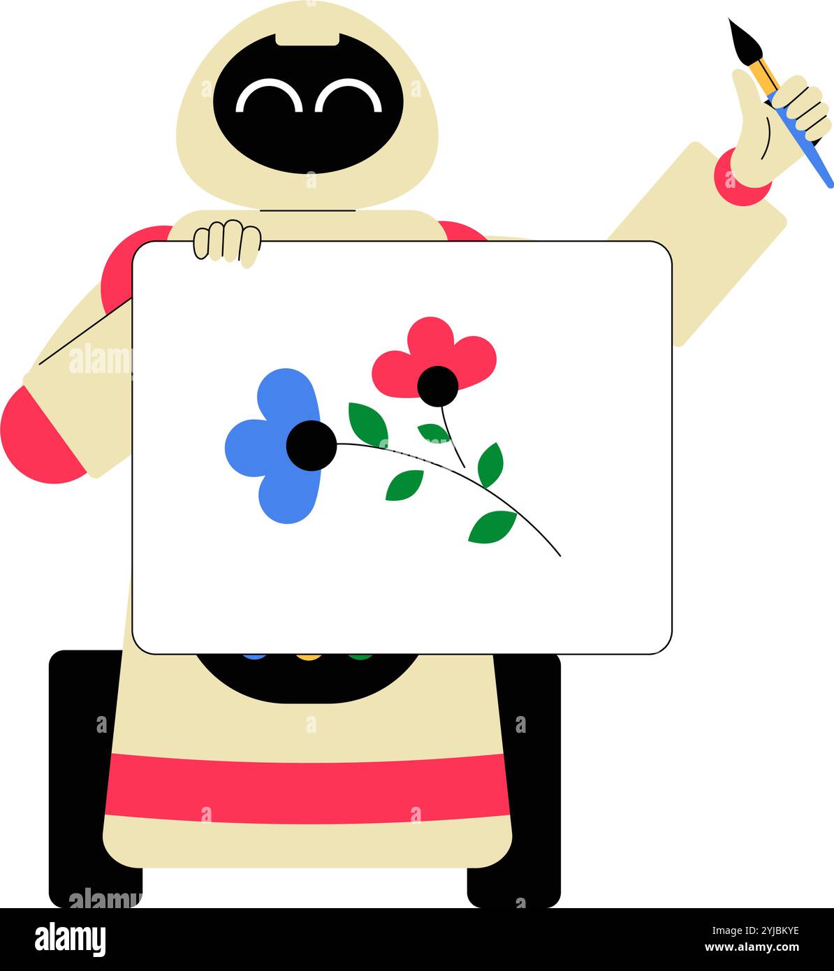 Robot Artist Holding Canvas With Floral Painting In Flat Vector ...