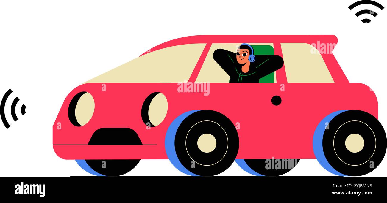 Self Driving Car With Relaxed Passenger In Flat Vector Illustration ...