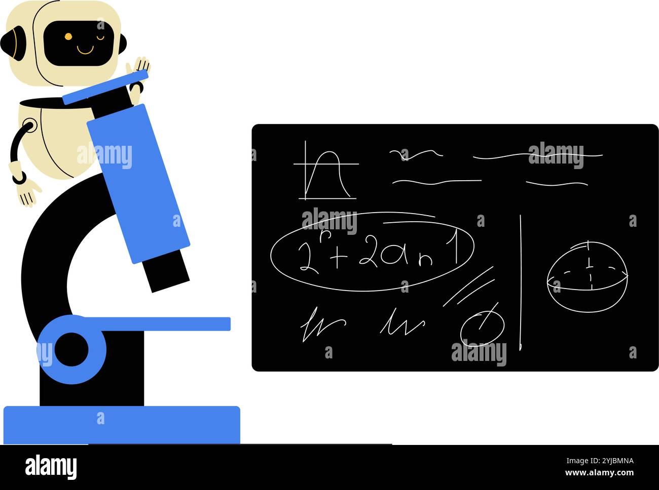 Robot Observing Microscope And Blackboard In Flat Vector Illustration ...