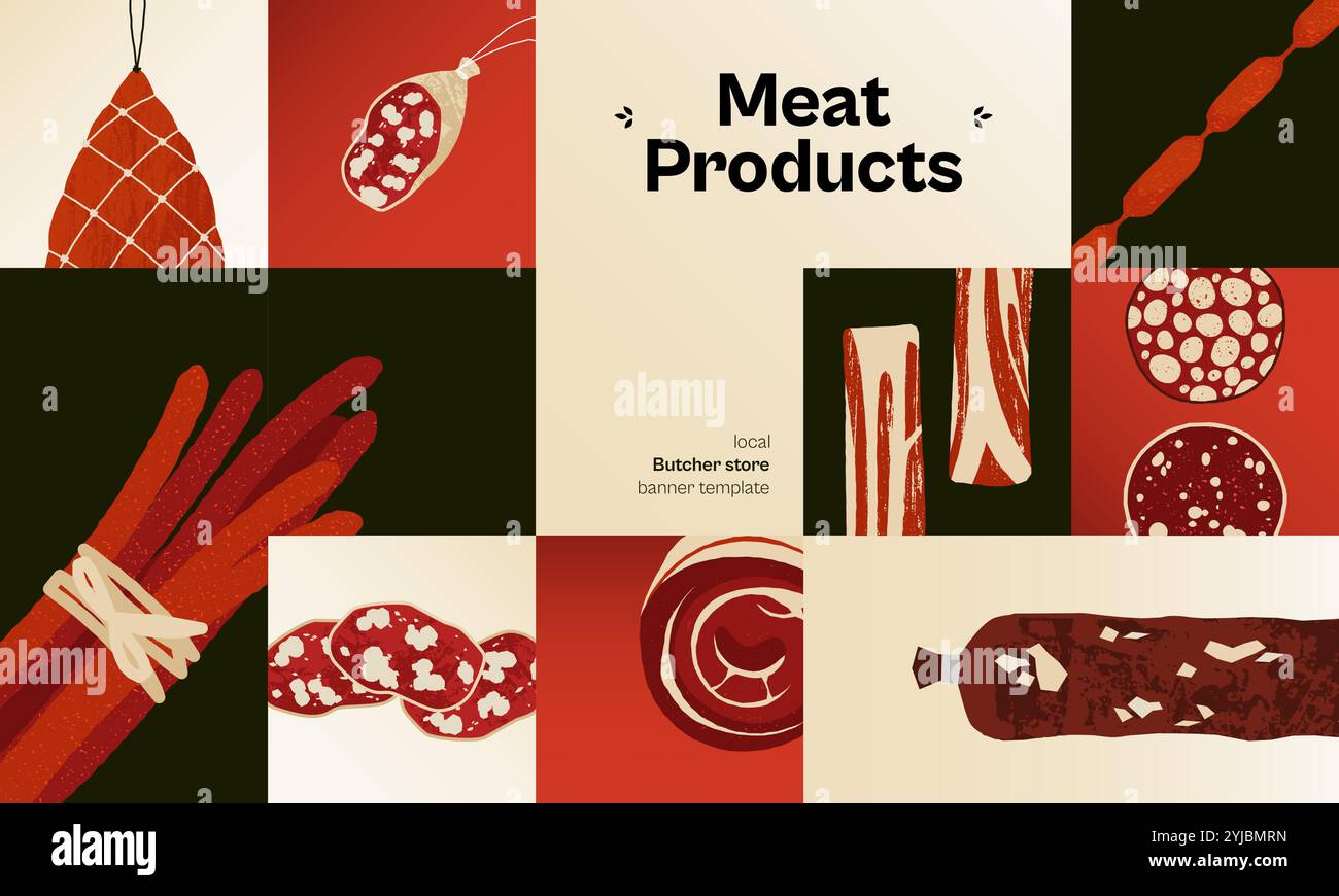 Sausages meat banner. Abstract poster of pork beef salami snack ...