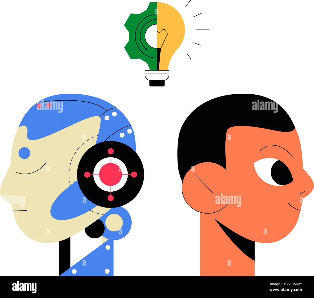 Human And AI Head In Flat Vector Illustration Symbolizing Collaboration ...