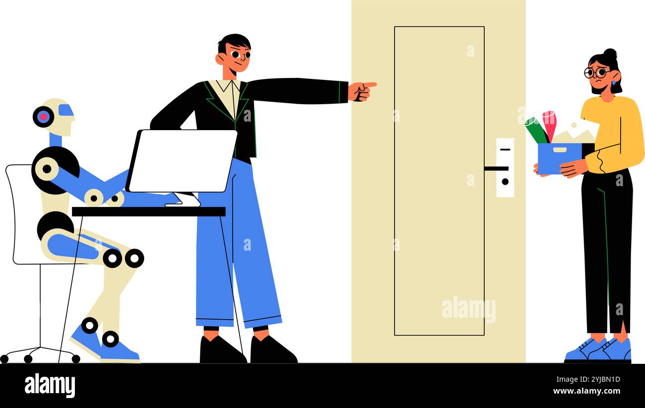 AI Taking Jobs With Robot Replacing Human Worker In Office Setting In Flat Vector Illustration ...