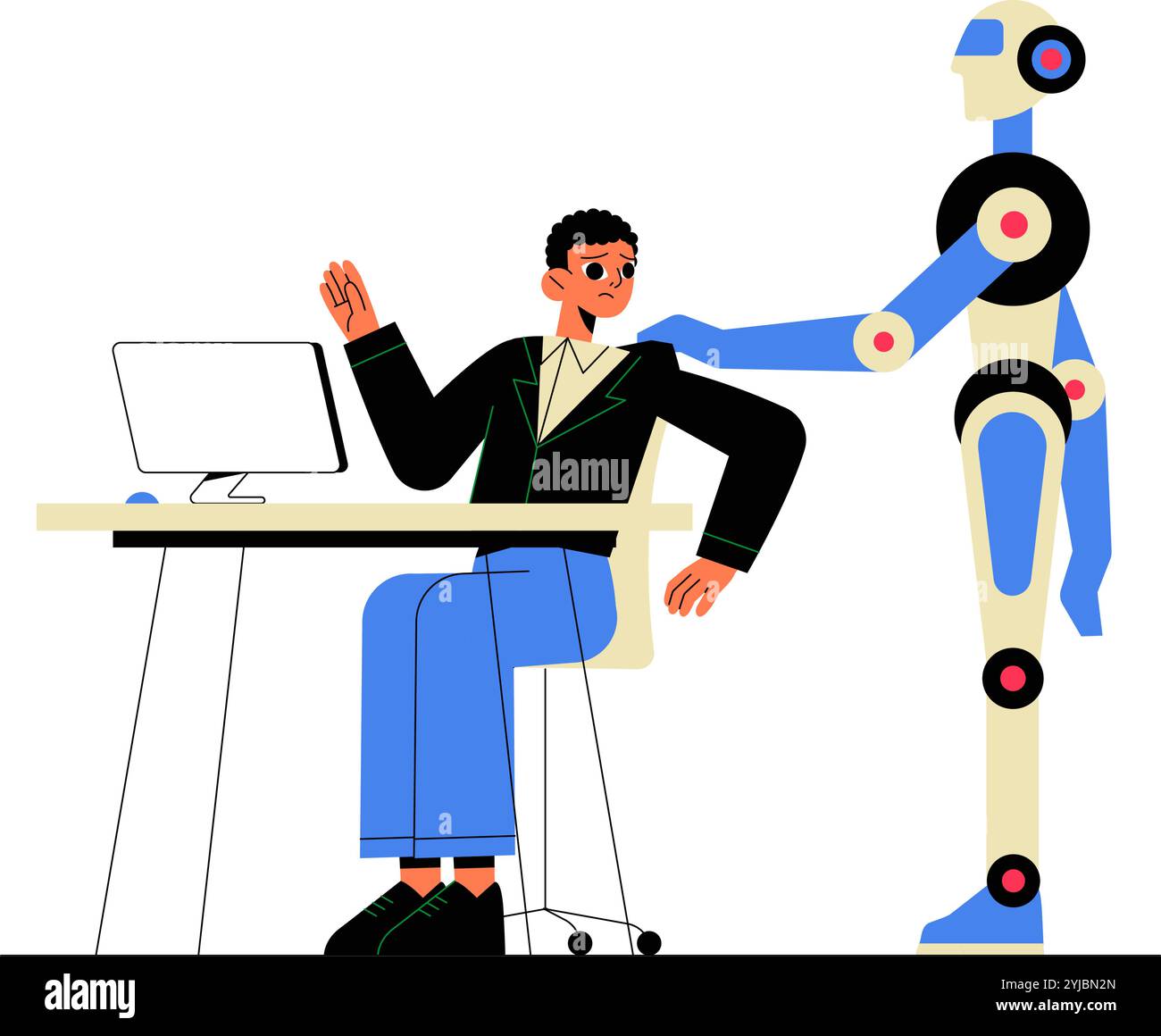 Robot Supervising Office Worker In Flat Vector Illustration Symbolizing Ai Taking Jobs