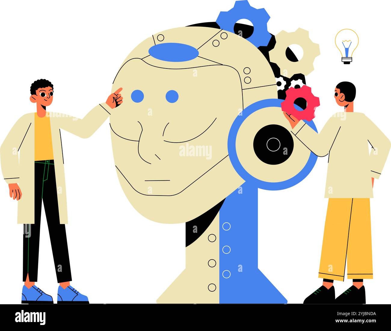 Engineers Working On AI Robot Head In Flat Vector Illustration Symbolizing Artificial ...