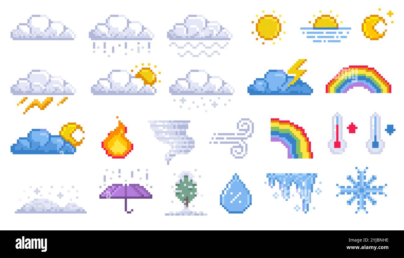 Pixel weather icons. Cartoon 8 bit game assets of sun rain snow ...