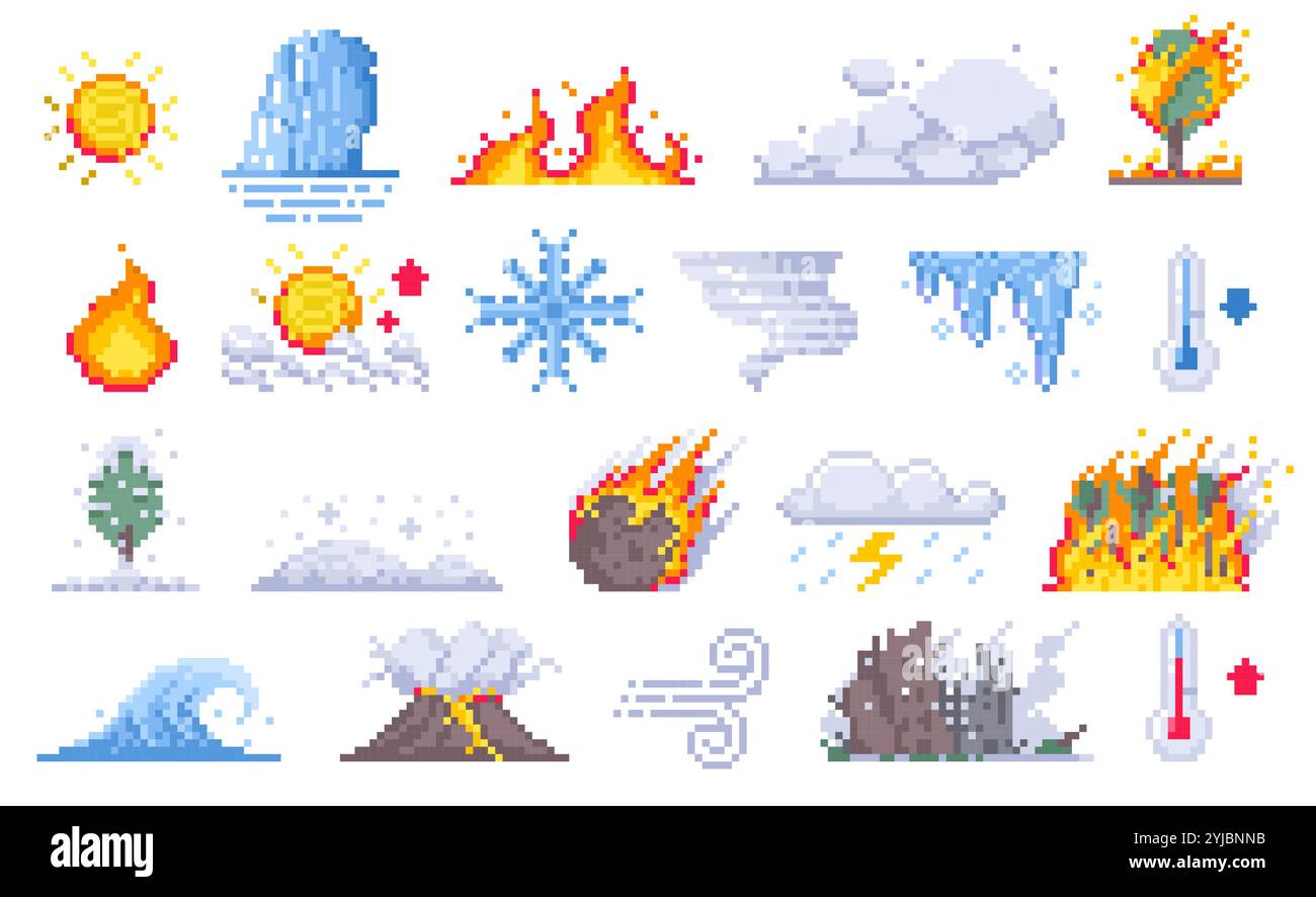 Pixel cataclysm. Retro 2D game volcano eruption with fire, smoke, lava ...